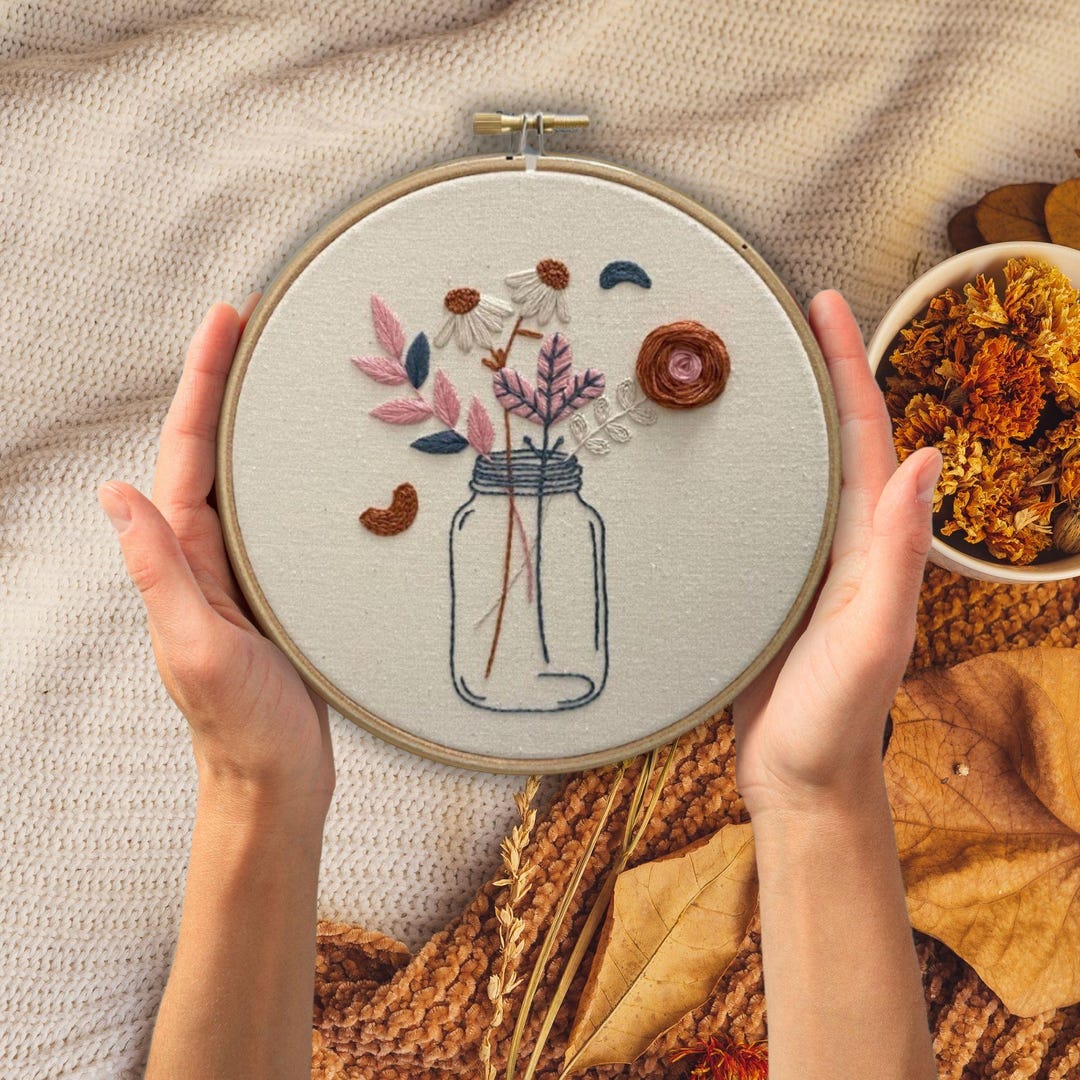 Floral Embroidery PDF Pattern - Mason Jar Hand Embroidery - Digital ...