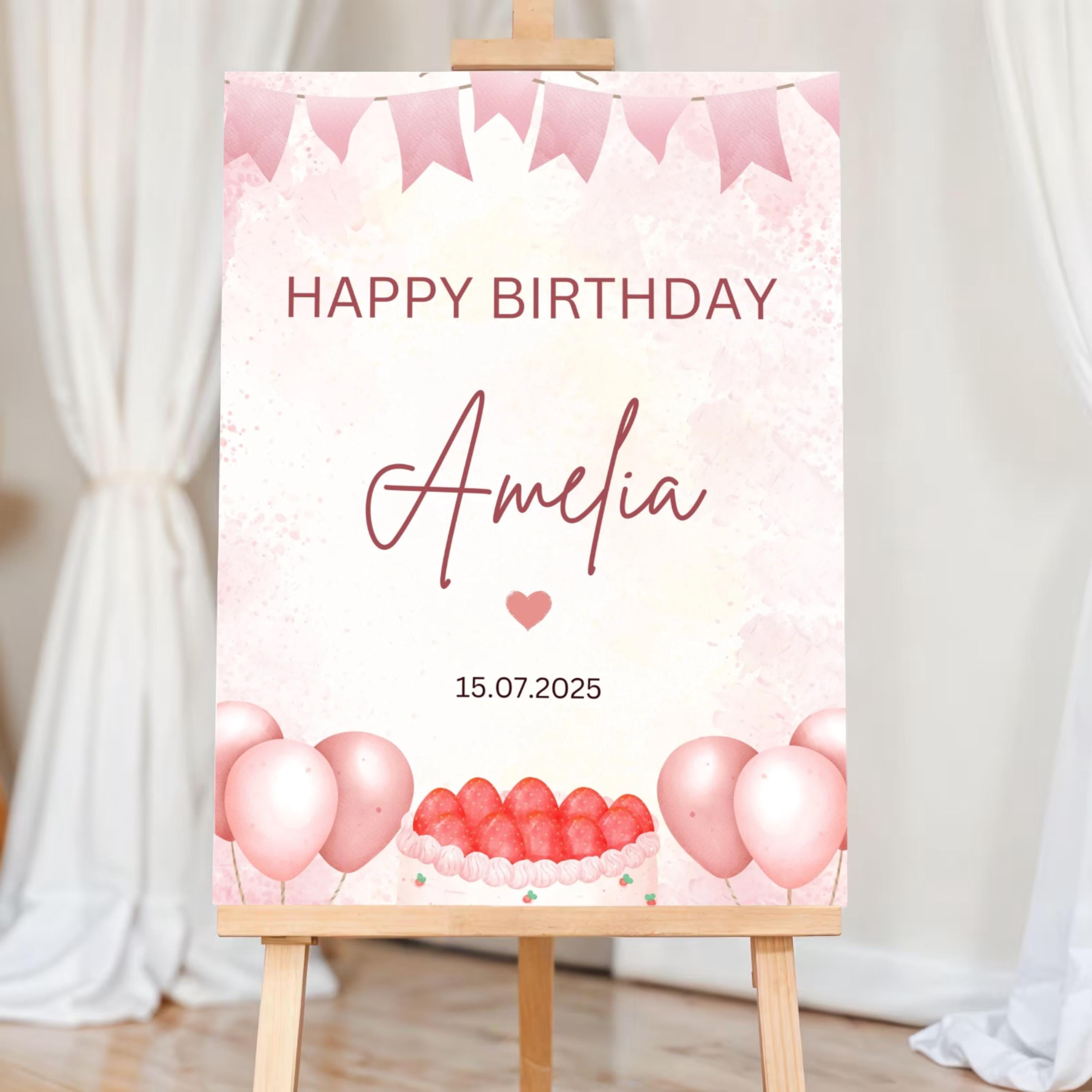 Pink Birthday Poster Printable, Personalized Cake Wall Art, Custom Name ...