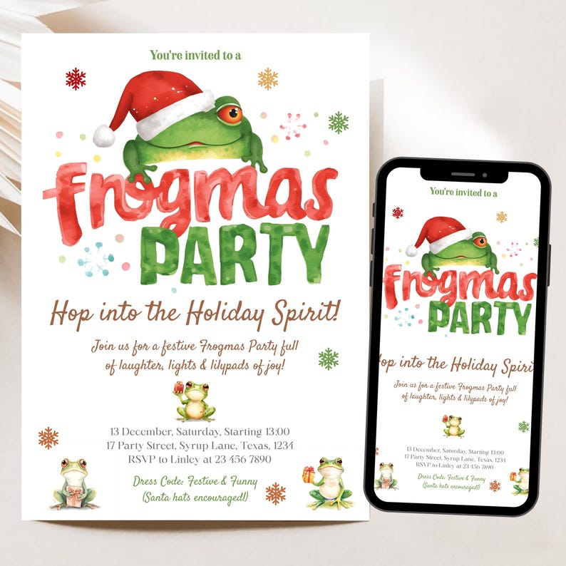 Funny Frog Christmas Party Invitation | Editable Frogmas Holiday ...