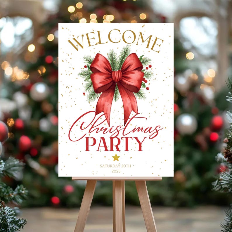 Editable Christmas Welcome Sign Template Red Bow Holiday Party Sign ...
