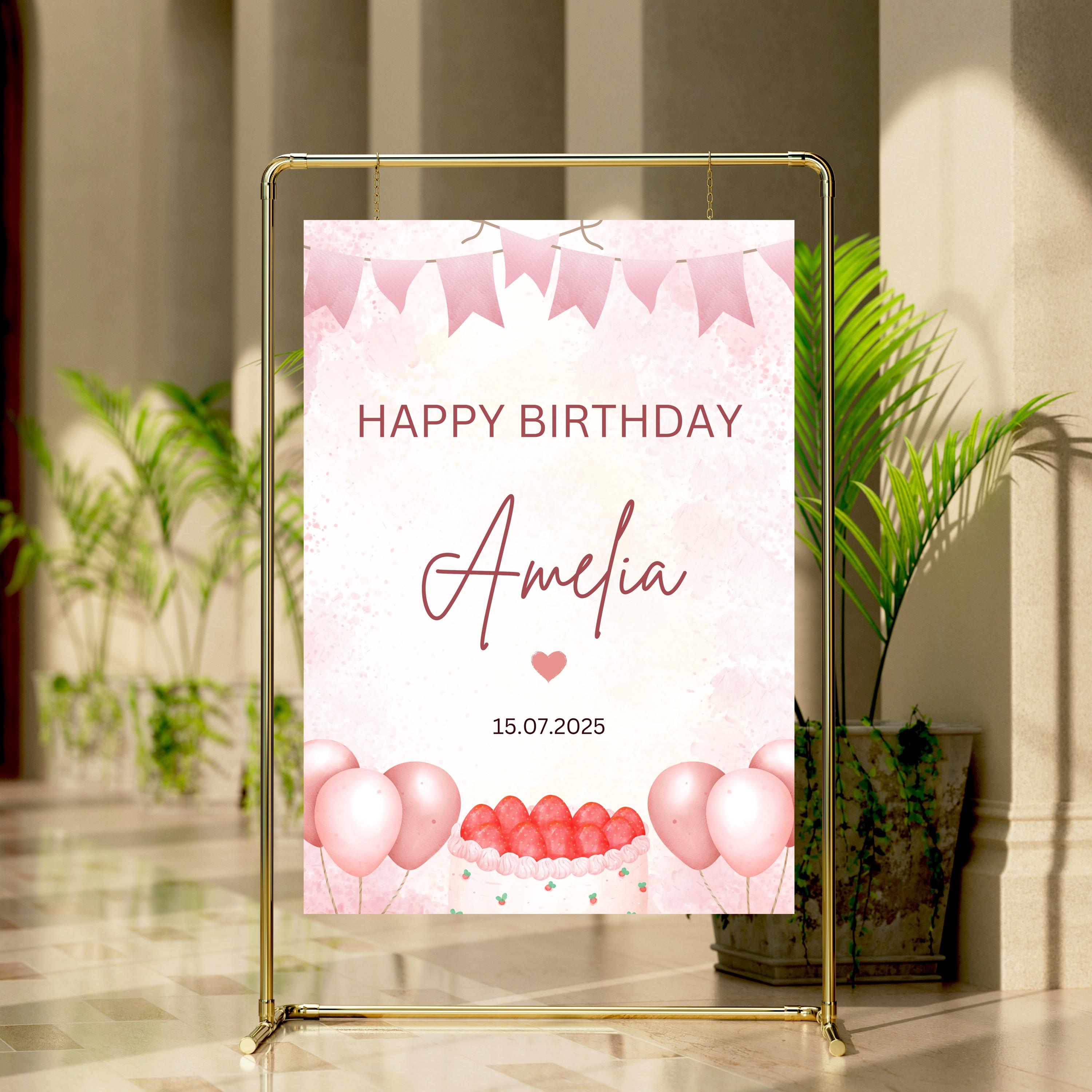 Pink Birthday Poster Printable, Personalized Cake Wall Art, Custom Name ...