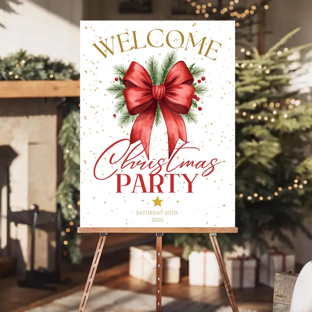 Editable Christmas Welcome Sign Template Red Bow Holiday Party Sign ...