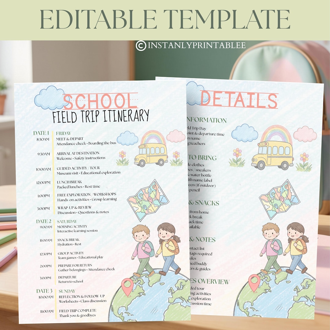 Editable School Field Trip Itinerary, Teacher Planner Canva Template ...