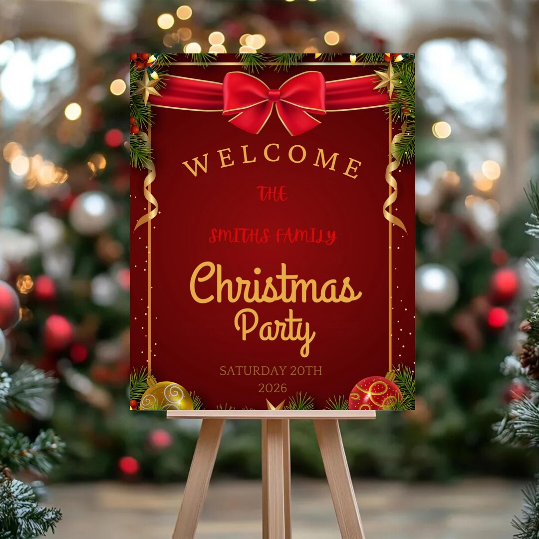 Editable Christmas Welcome Sign, Red Gold Holiday Party Decoration ...