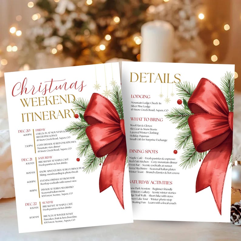 Christmas Itinerary Template Printable Holiday Itinerary Schedule ...