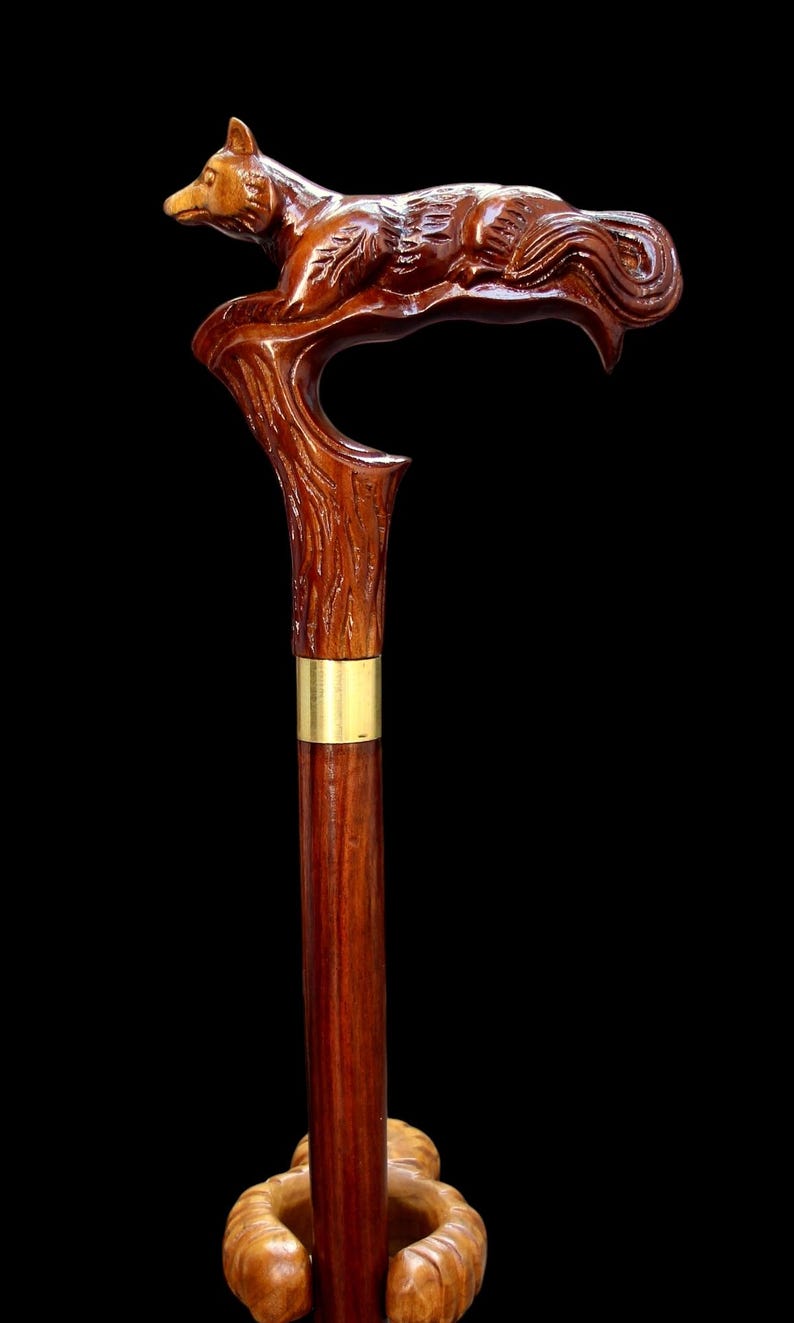 Wolf Sit Stick Hand Carved Walking Stick Wooden Handicraft Walking Cane ...