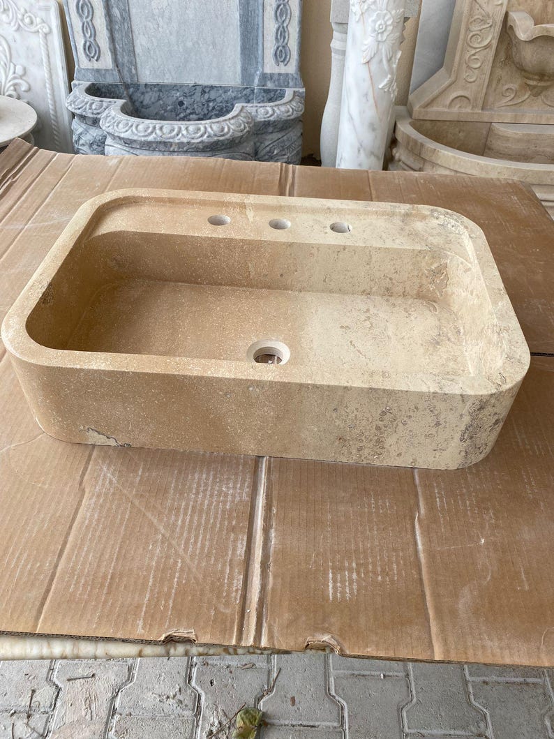 Wall Mount Travertine Marble Sink, Handmade Luxury Bathroom Vanity ...