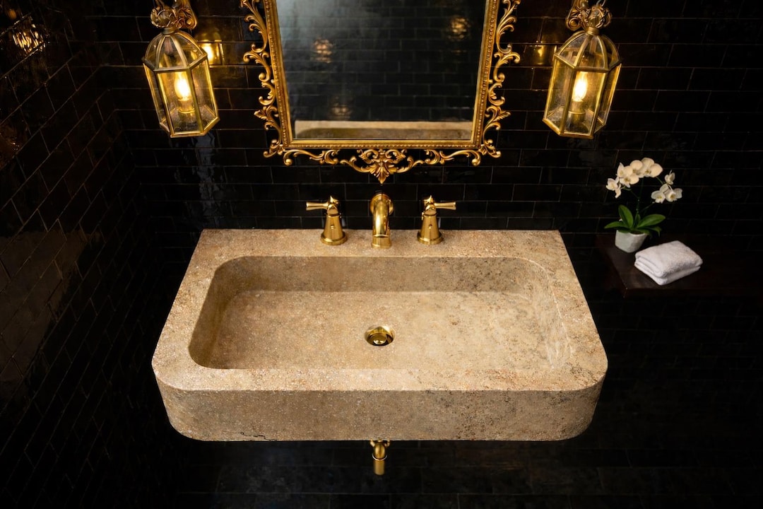Wall Mount Travertine Marble Sink, Handmade Luxury Bathroom Vanity ...