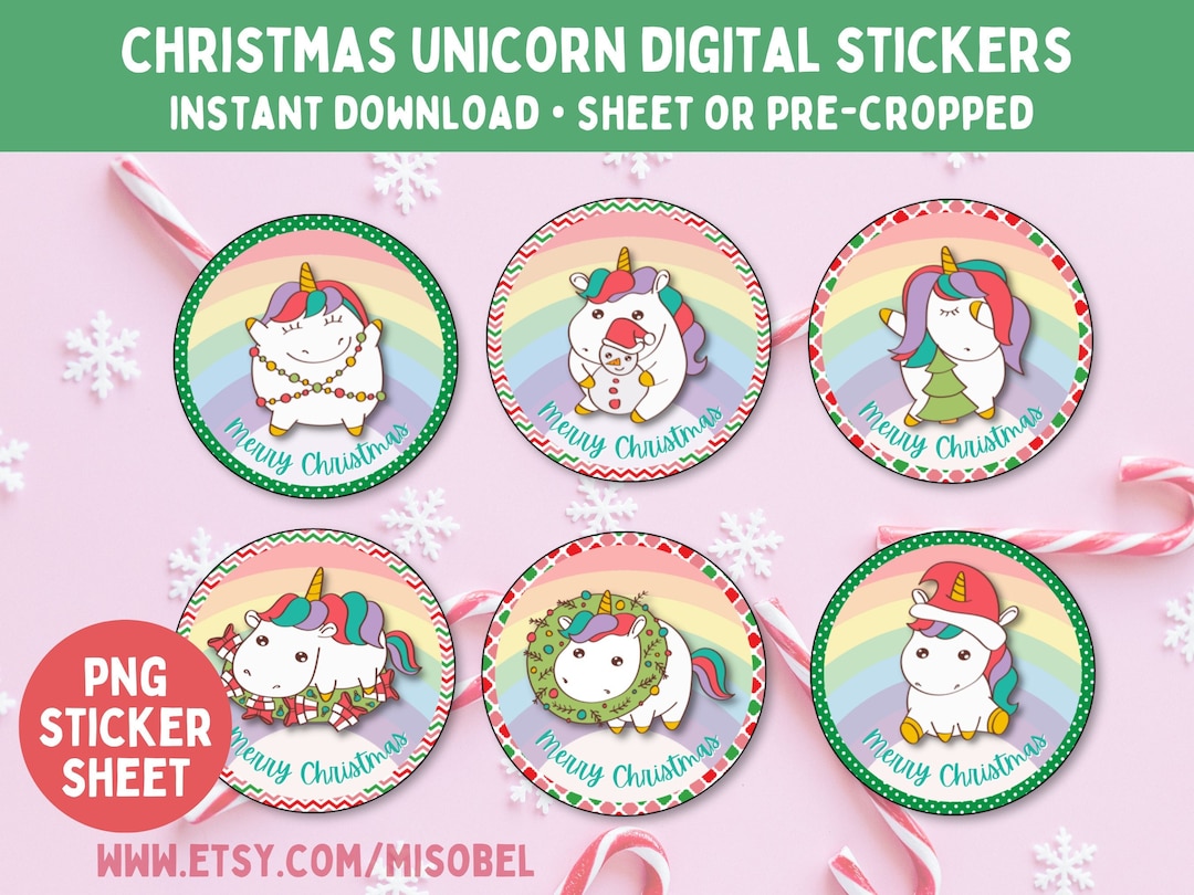 Christmas Unicorn Digital Sticker Sheet and Pre-cropped Sticker Files ...