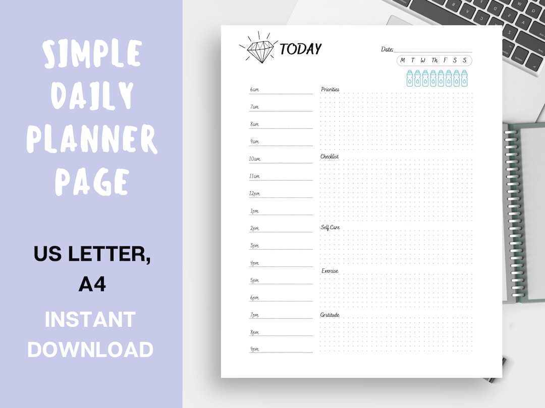 Minimalist Daily Planner Page, Printable INSTANT DOWNLOAD, Simple Ink ...