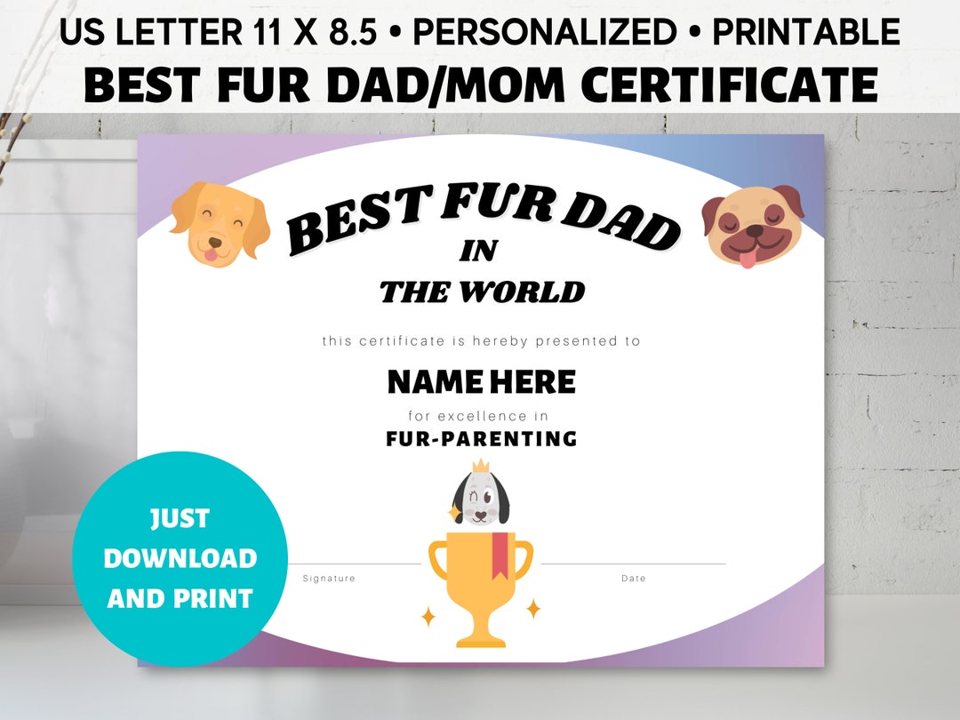 Custom Printable Best Fur Dad / Mom Certificate, Personalized - Etsy