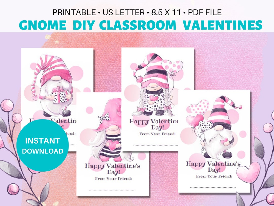 Gnome Valentines, DIY Printable Cards for Classroom Exchange, US Letter ...
