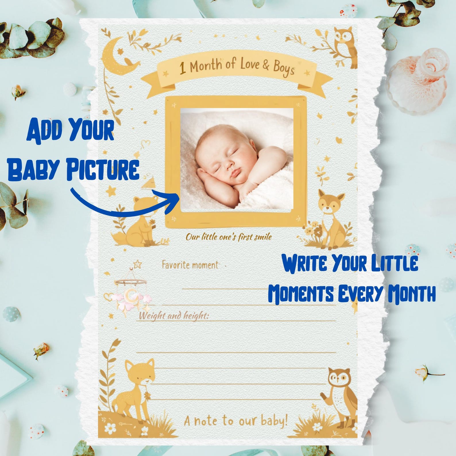 Forest Friends Baby Milestone Cards: First Year Photo Templates (A4 PDF ...