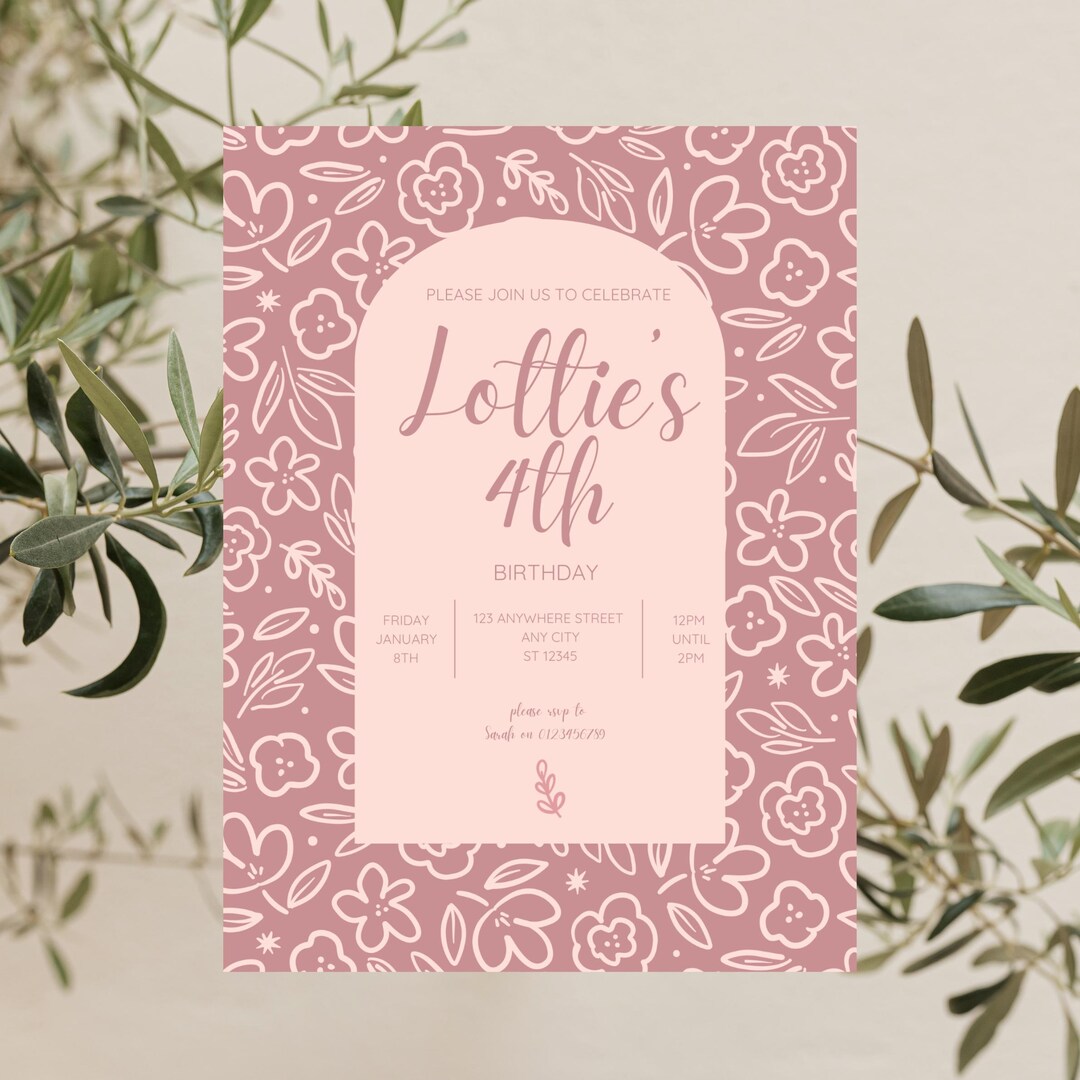 Pink Floral Party Invite Template Fully Editable Pretty Flowers and ...