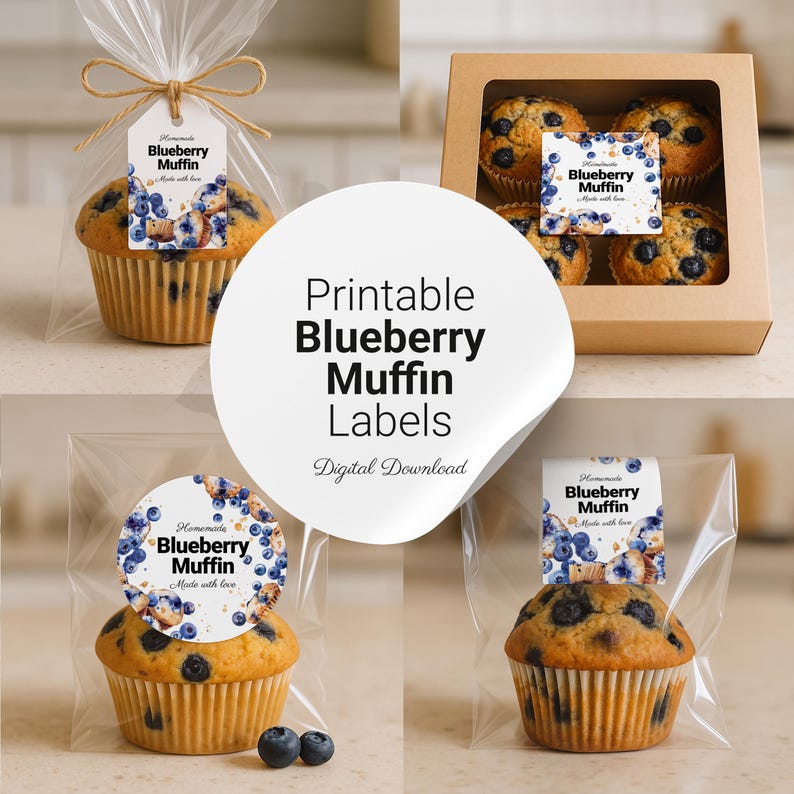 Printable Blueberry Muffin Labels Set - Square Round Wrap Band & Tag ...