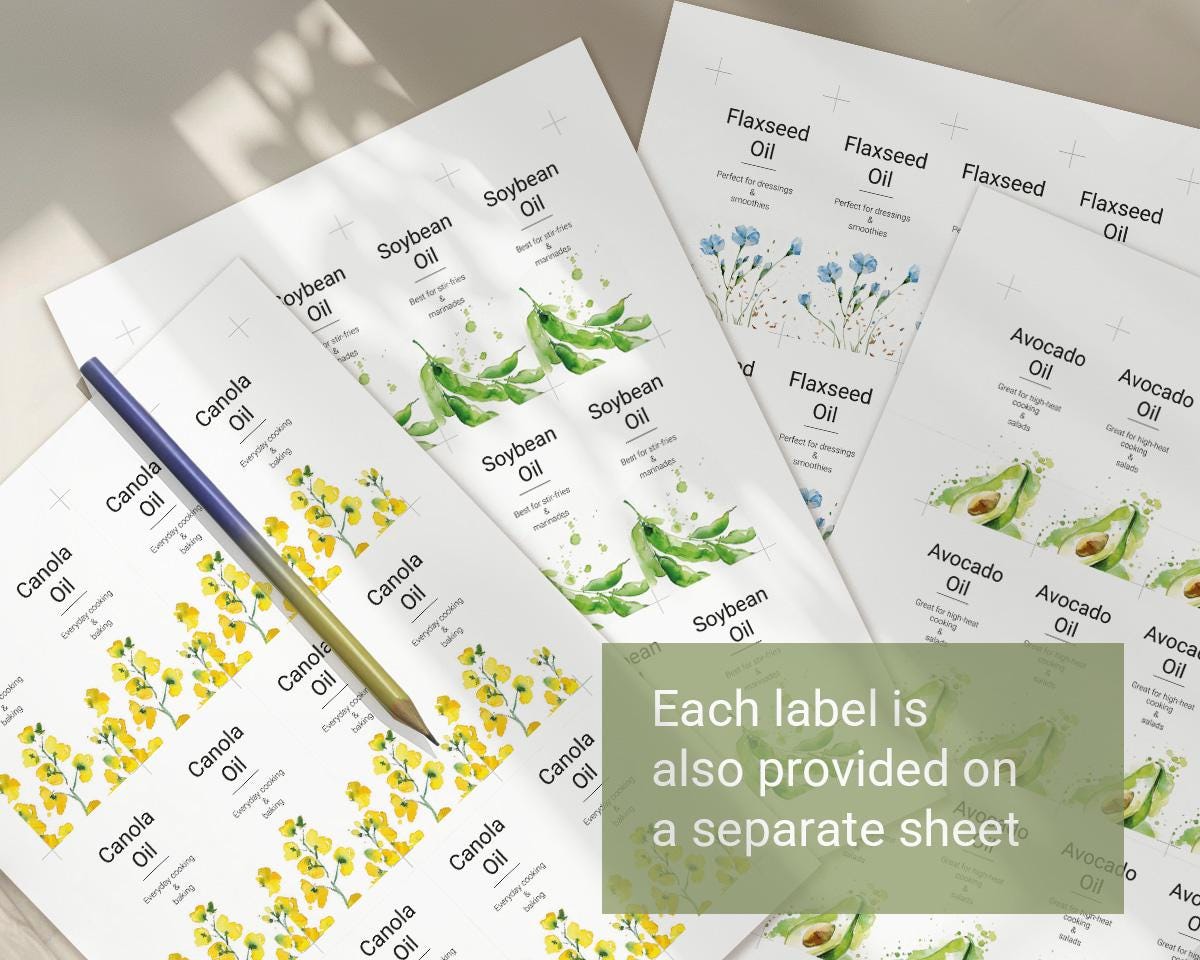 12 Oil and Vinegar Bottle Label Set | Watercolor Kitchen Stickers ...