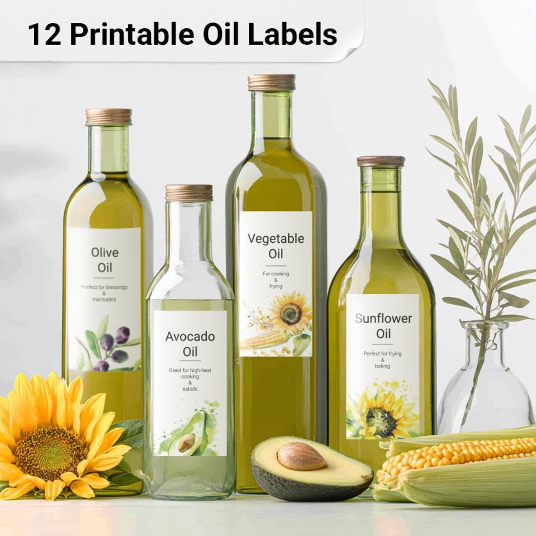 Oil Bottle Labels – Printable Kitchen Stickers for Olive, Sunflower ...