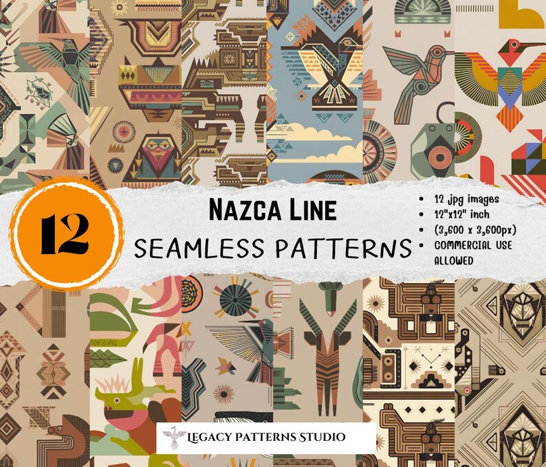 Nazca Animal Embroidery Patterns: 12 Seamless Digital Papers (JPEG) - Etsy