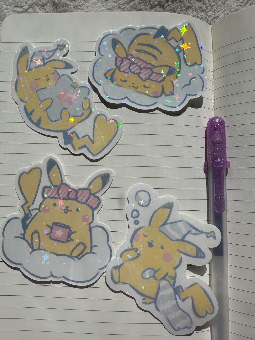 Holographic Hand-drawn Cozy Pika Bed Time Sticker Set Dreamy Kawaii ...