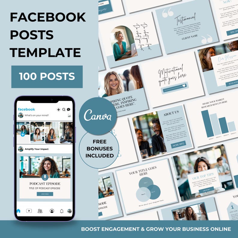 100 Facebook Posts Business Templates, Blue Editable Canva Engagement ...