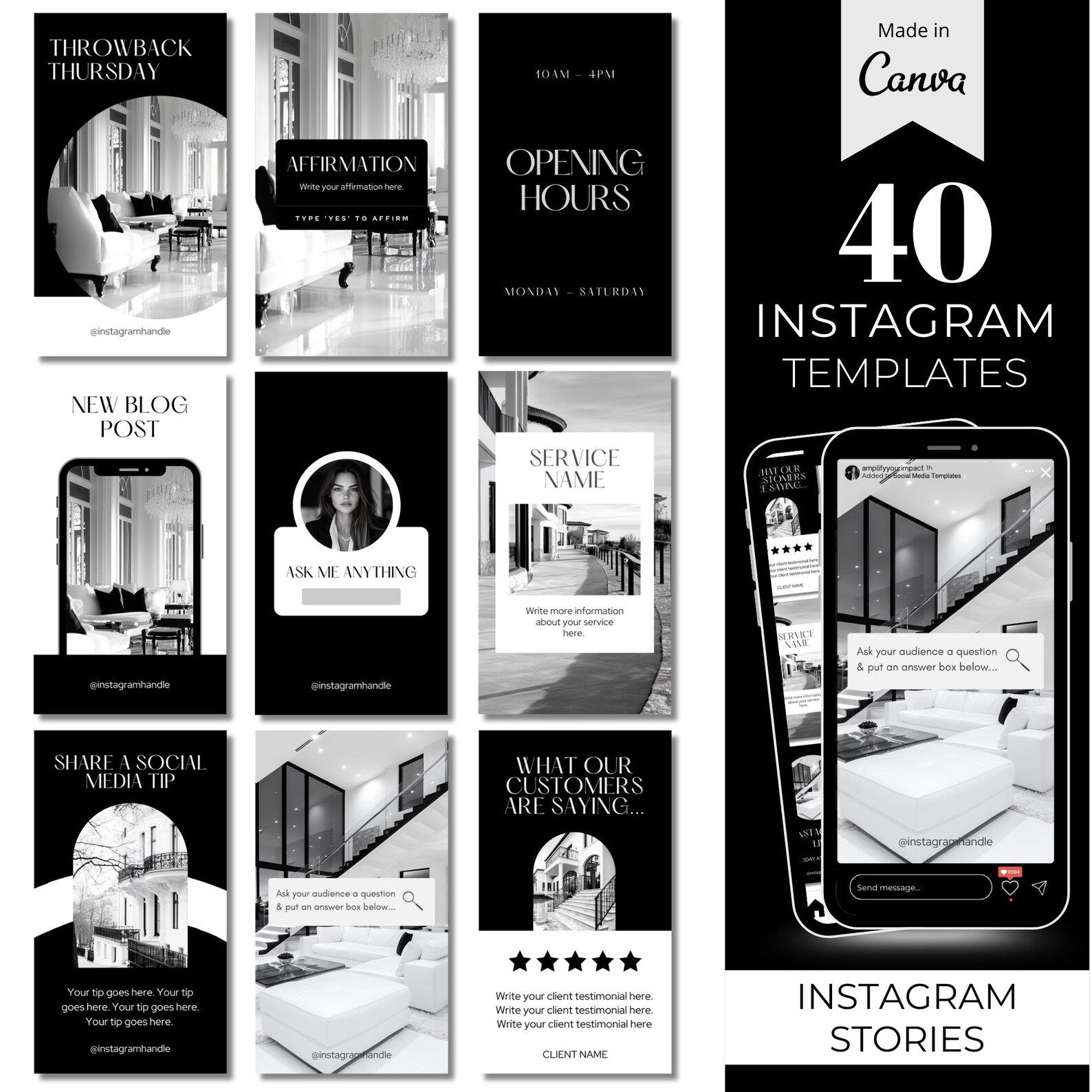 Black & White Instagram Story Templates: Canva Editable IG Templates ...