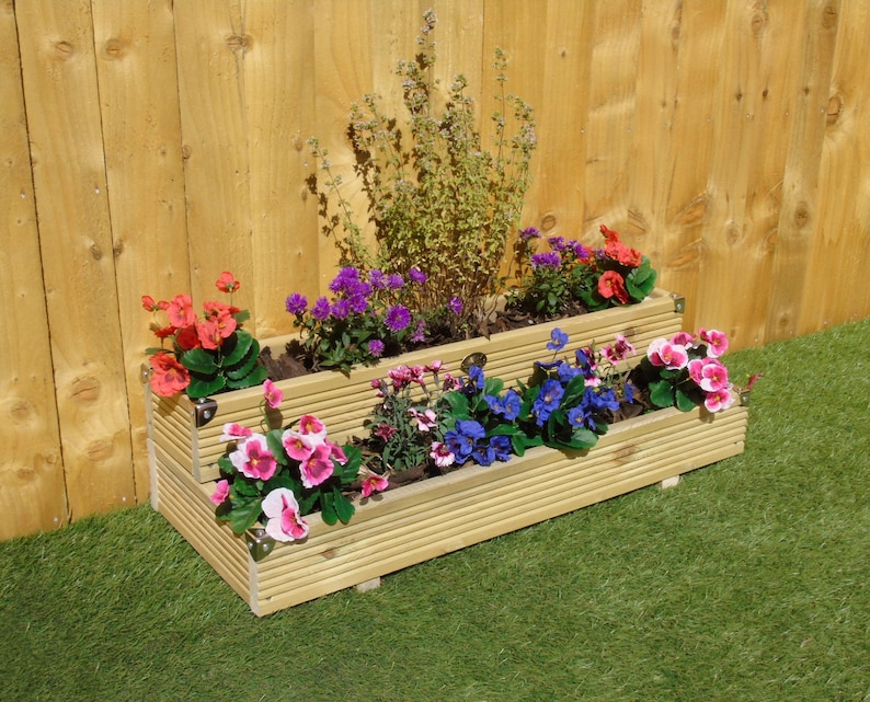 Two Tiered Garden Level Steps Wooden Timber Decking Planter Trough 2ft ...