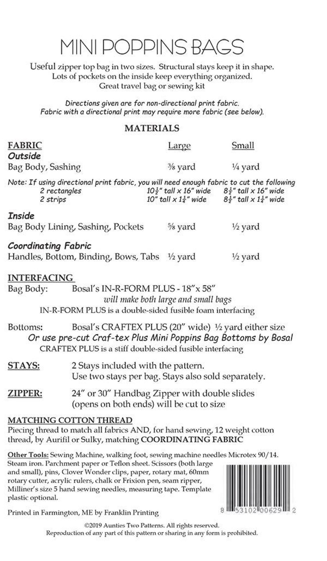 Mini Poppins Bag Pattern - by Aunties Two Patterns - Paper Pattern and ...