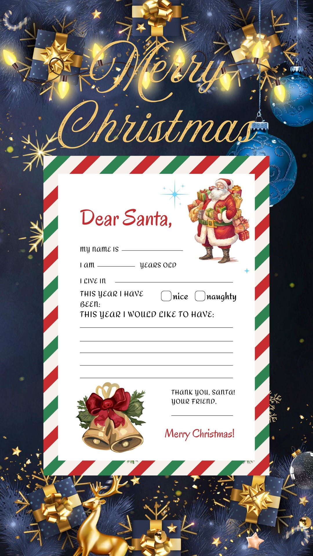 Letter to Santa, Printable Template Santa's Wish List, Christmas Letter ...