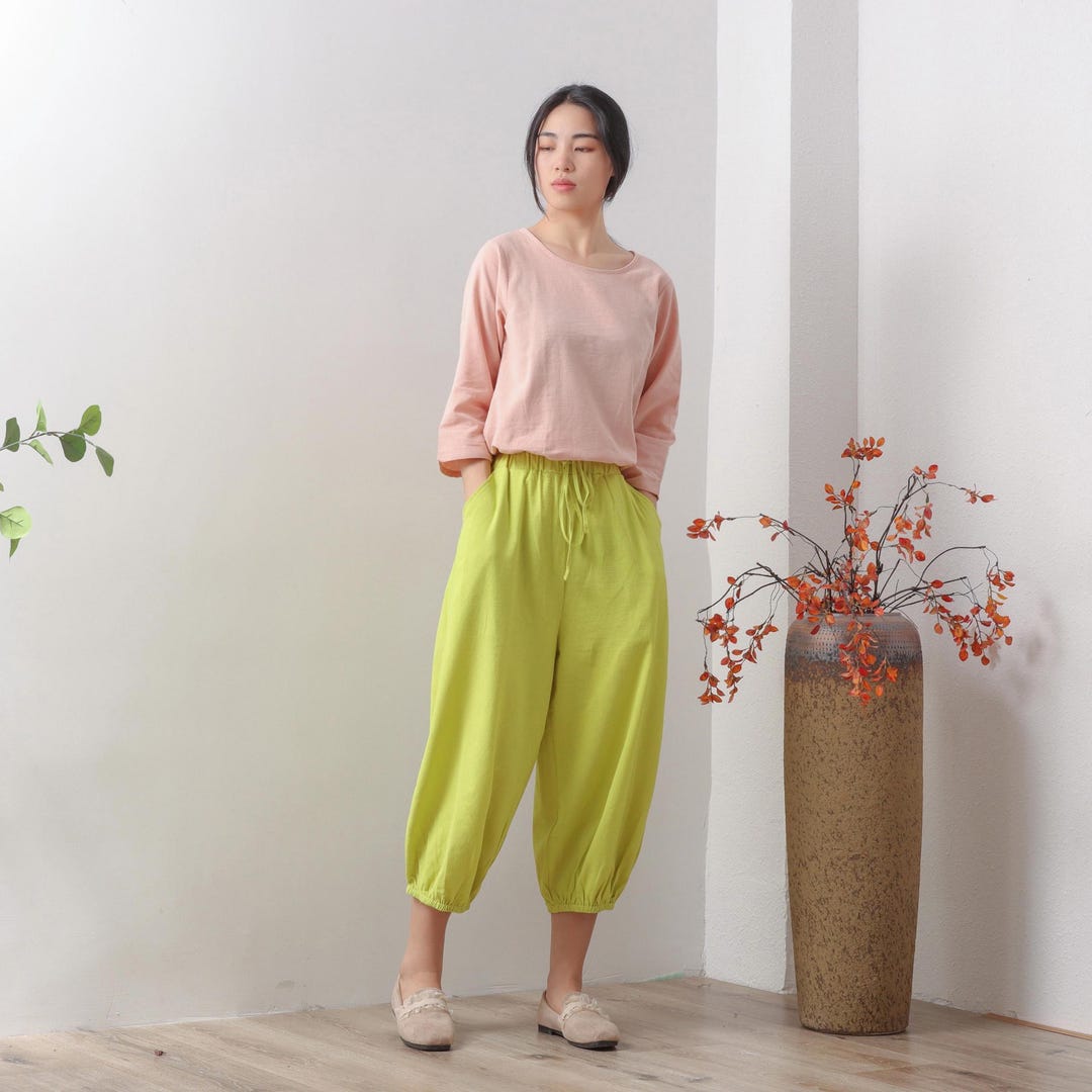Summer Women Elastic Waist Cotton Pants Soft Casual Loose Boho Trousers ...