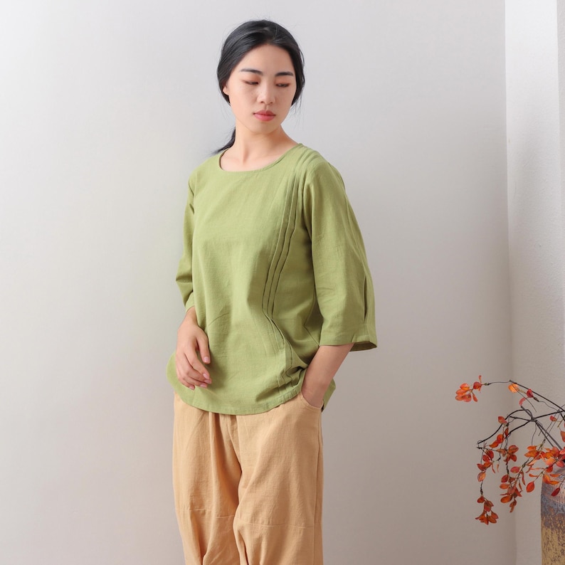 Summer Cotton Blouse 3/4 Sleeve Tops Casual Loose Tops Linen T-shirts ...
