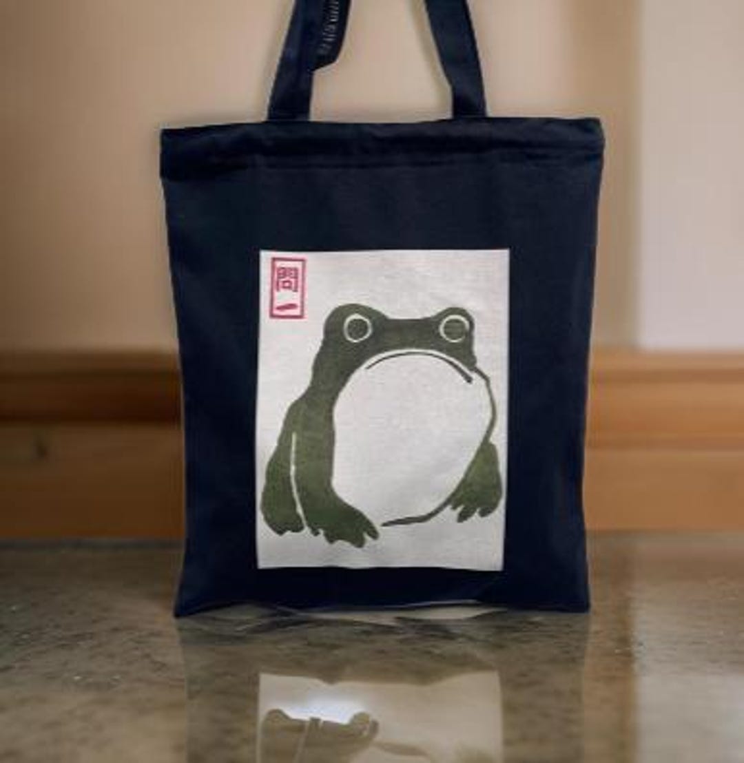 Black Japanese Frog Tote Bag, Cute Frog Print Tote Bag, Japanese Style ...