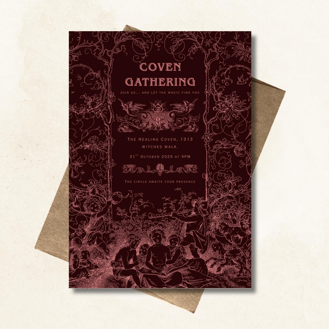 Coven Gathering Invitation - Burgundy Witchcraft Halloween Party Invite ...