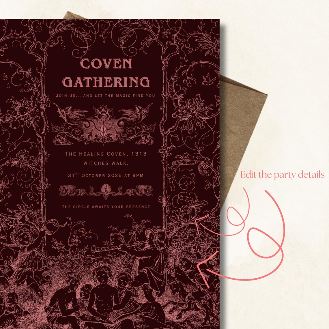 Coven Gathering Invitation - Burgundy Witchcraft Halloween Party Invite ...