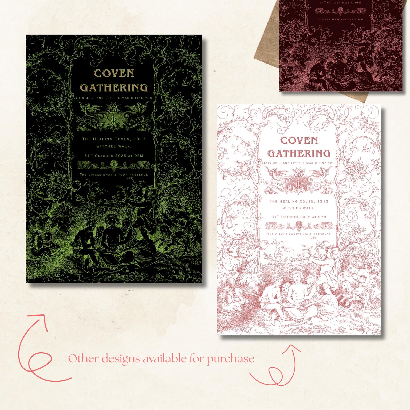 Coven Gathering Invitation - Burgundy Witchcraft Halloween Party Invite ...