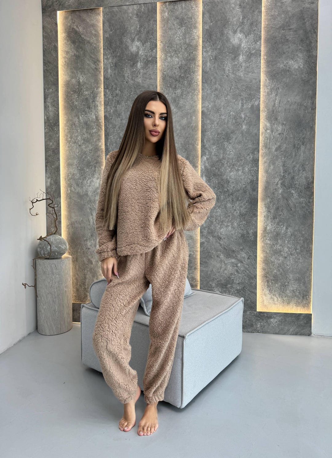 Plush Teddy Pajama Set for Women | Soft Fuzzy Loungewear | Cozy ...