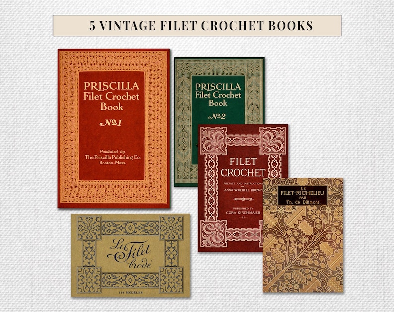 Vintage Filet Crochet Library – 5 Books PDF Set, Priscilla & DMC Lace ...