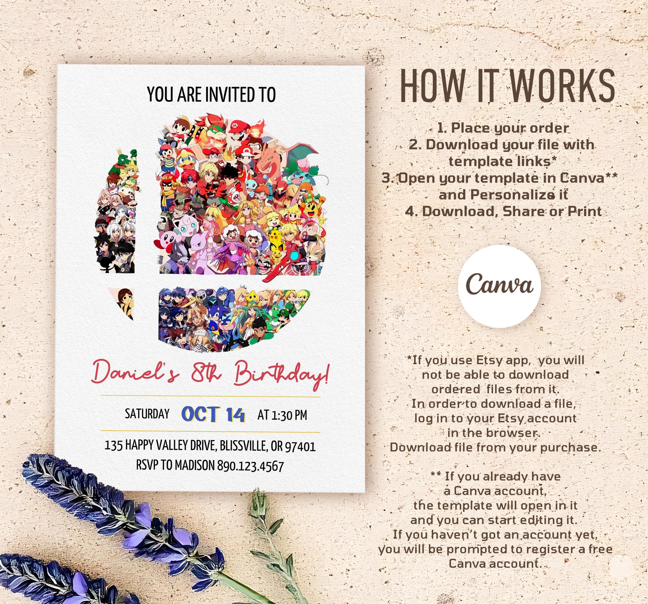 Printable Smash Bros Invitation, Fighting Birthday Invite, Editable ...