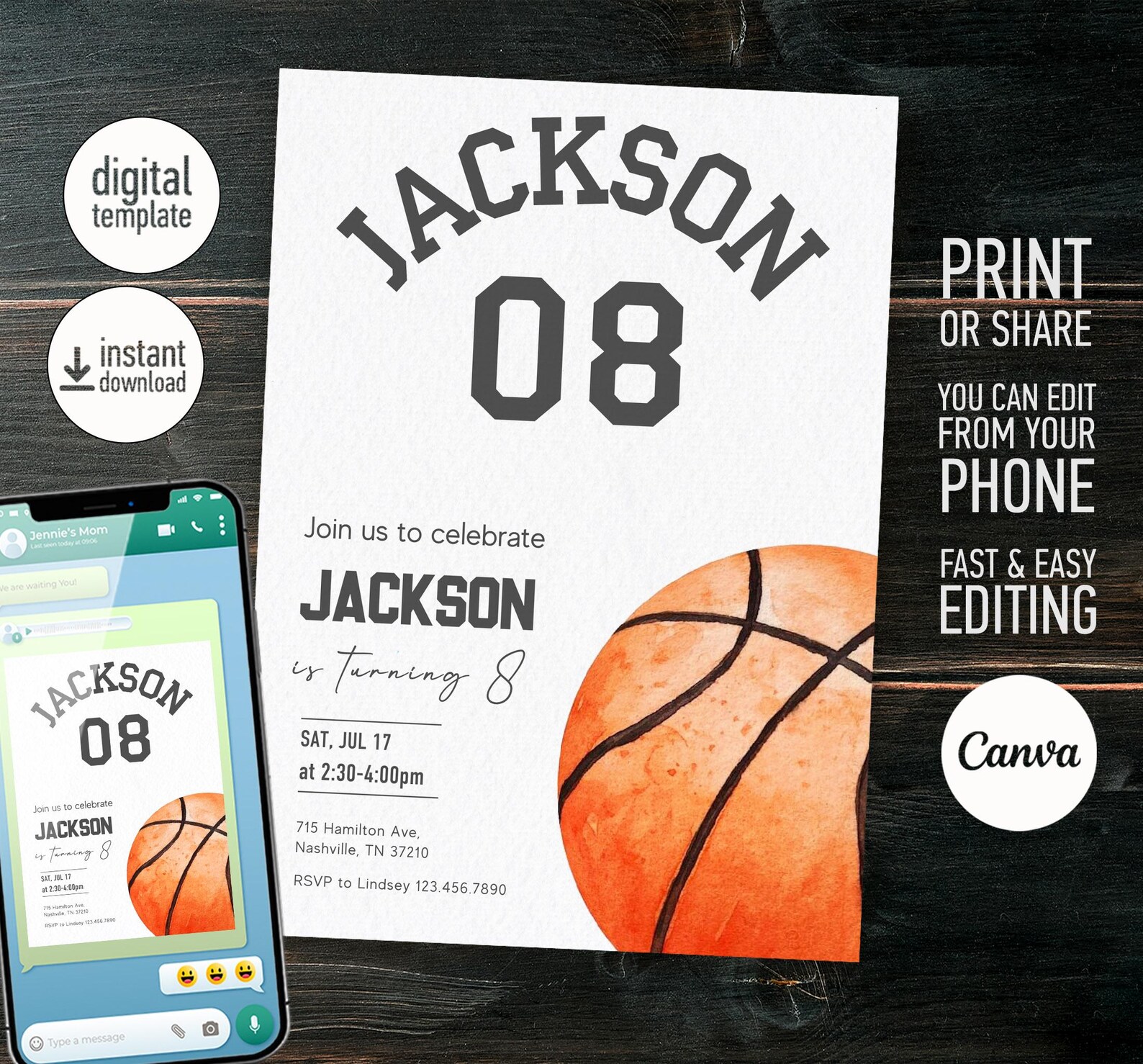 Sport Game Printable Birthday Invitation, Editable Invitation, NBA ...