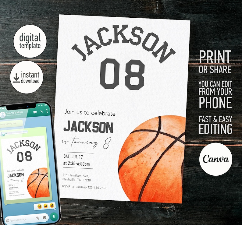 Sport Game Printable Birthday Invitation, Editable Invitation, NBA ...