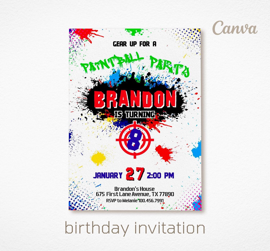 Paintball Battle Editable Birthday Invite, Paint Ball Wars Invitation ...