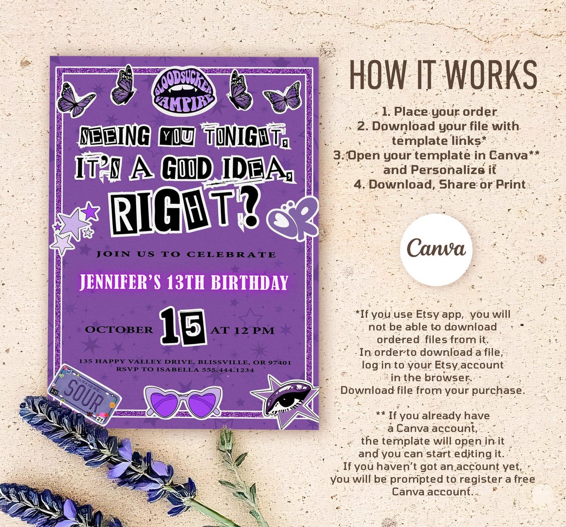 Rodrigo Birthday Invitation, GUTS Themed Digital Party Invite, Olivia ...