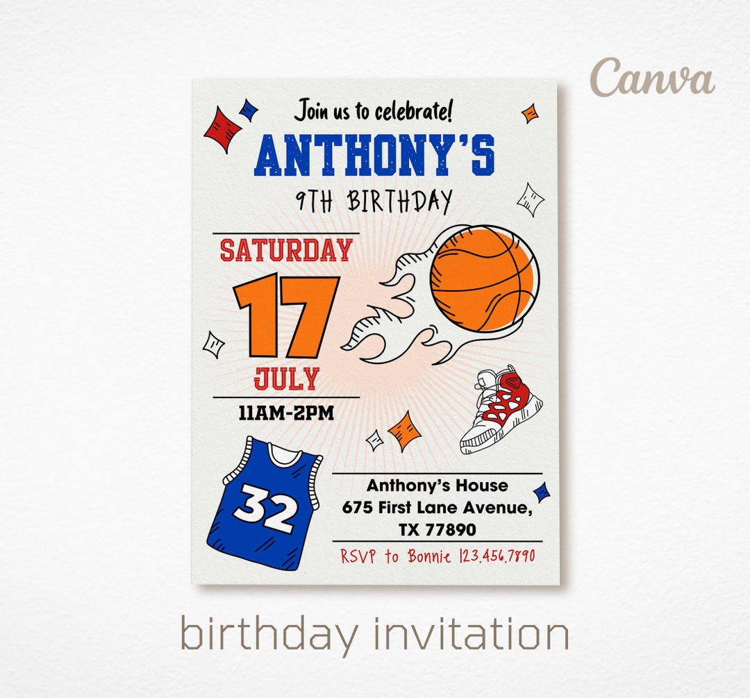 Sport Game Printable Birthday Invitation, Editable Invitation, NBA ...