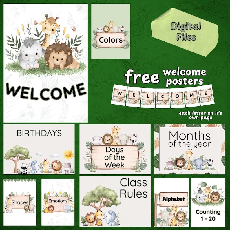 Safari Jungle Classroom Decor Set: Alphabet, Numbers, Shapes (digital ...