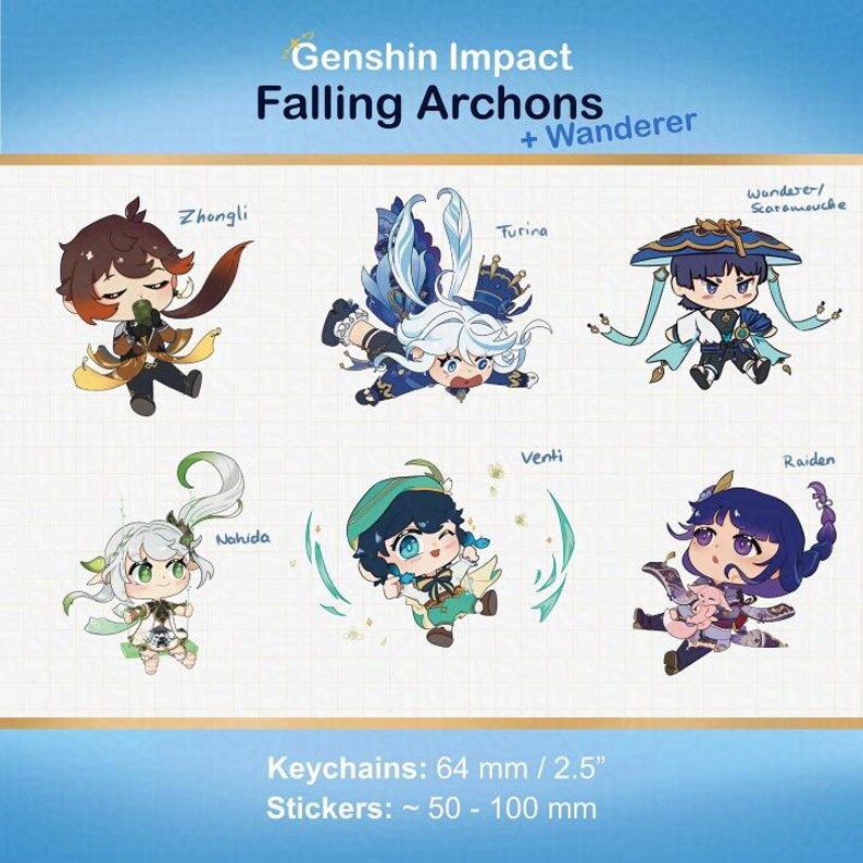 Genshin Impact Archon Chibi Sticker Set + Glitter Epoxy Keychains ...