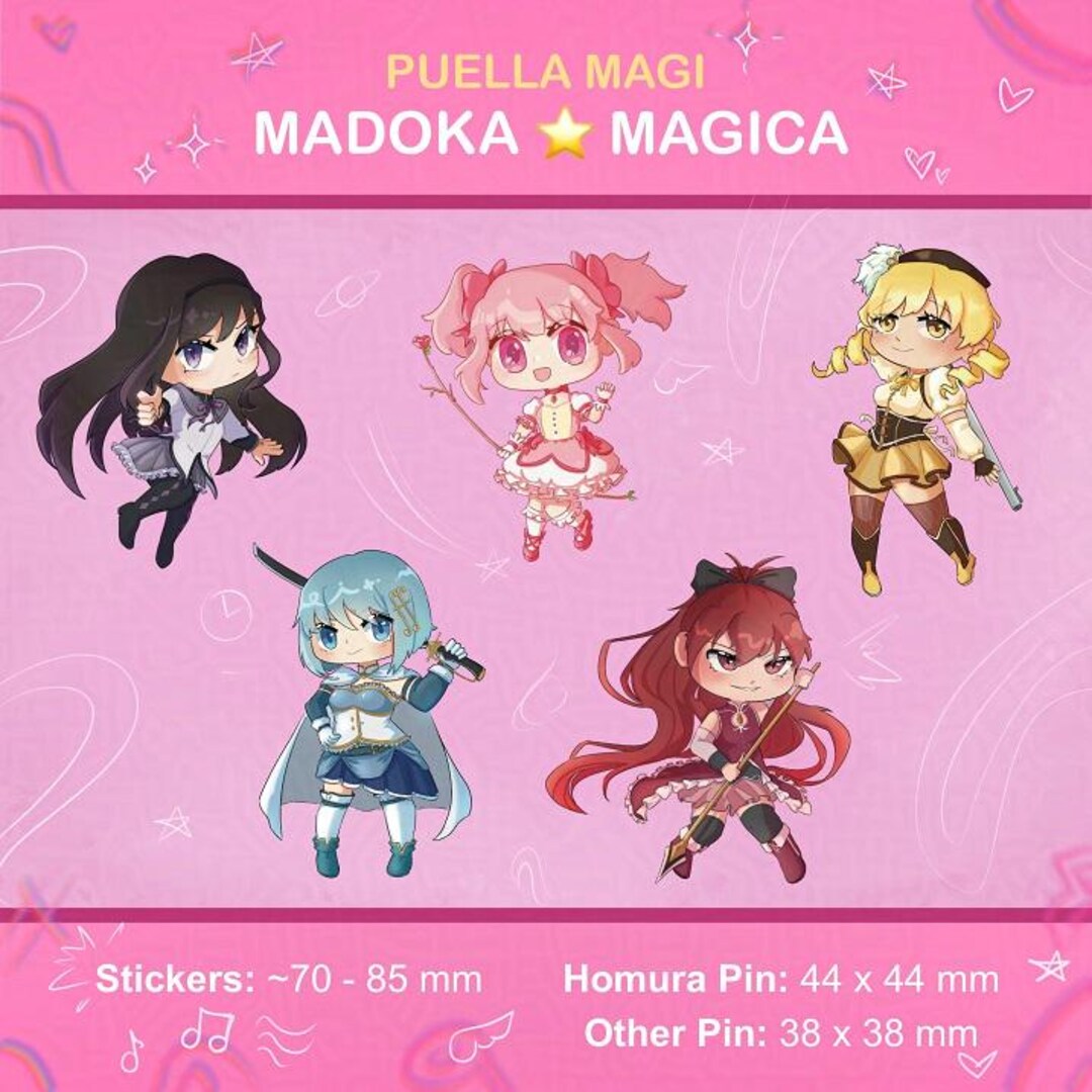 Puella Magi Madoka Magica Chibi Sticker Pack & Acrylic Pins, Anime ...
