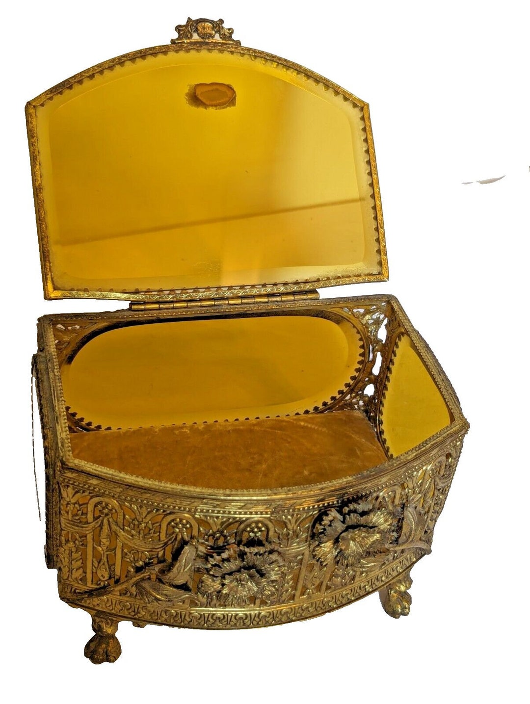 XL Filigree Gold Regency Ormolu Beveled Amber Glass Jewelry Box Casket ...