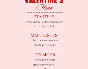 Editable Valentine's Day Menu Template, Printable Romantic Menu Card ...