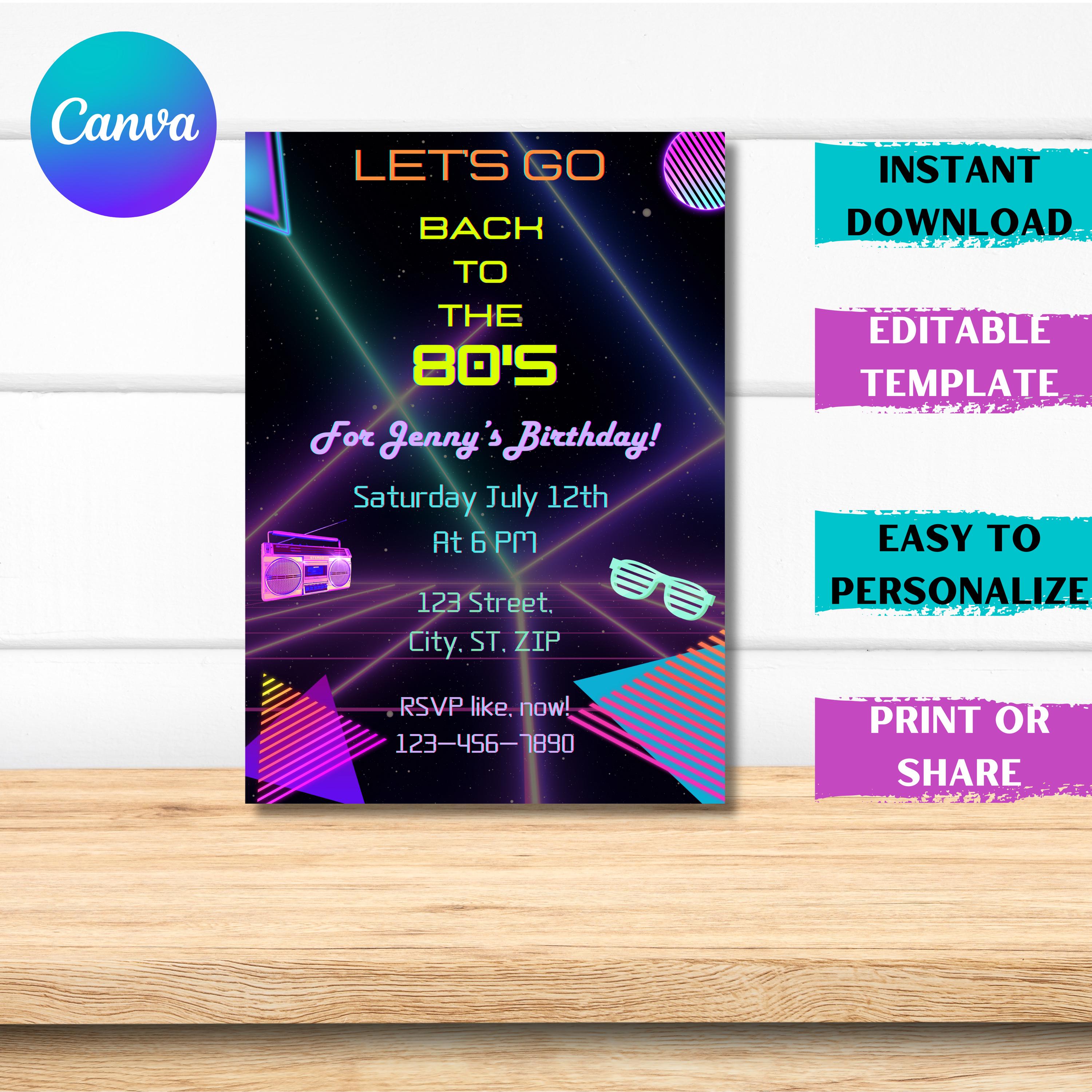 Editable Neon 80s Birthday Invitation Template | Retro Back to the 80s ...