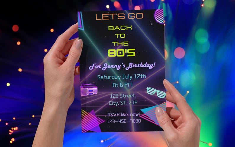 Editable Neon 80s Birthday Invitation Template | Retro Back to the 80s ...