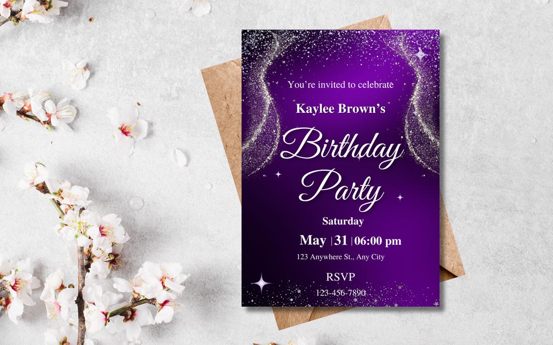 Editable Purple and Silver Glitter Birthday Invitation | Sparkly Party ...